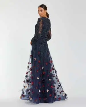 MAC DUGGAL COLLECTION Beaded Floral A Line Gown With Feathers