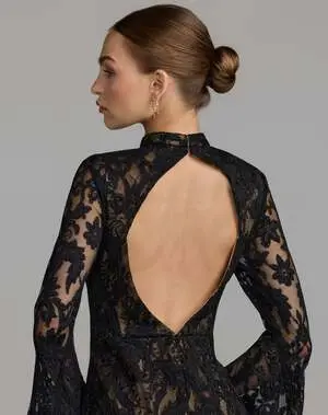 Mac Duggal Petite Nude Mock Neck Long Sleeve Lace Gown