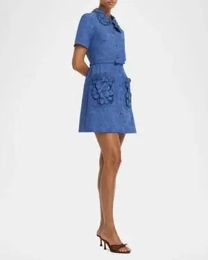 LEO LIN Ashley Floral Applique Vegan Suede Mini Shirtdress