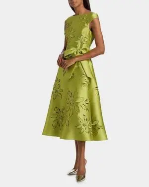Badgley Mischka Laser-cut Floral-embroidered Tie-waist Midi Dress - Chartreuse