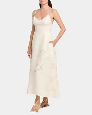Alberta Ferretti Floral-print Sleeveless Linen Midi Summer Dress