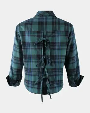 Finley Eugenie Tie-back Cotton Plaid Shirt - Teal/blue/
