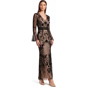LARA NEW YORK Bell Sleeve Beaded Gown - Black/nude