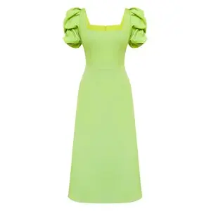 POST MERIDIEM Lime Godet Silhouette Square Neck Midi Dress