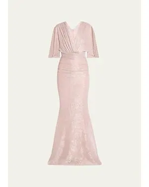 Talbot Runhof Floral Metallic Draped V-neck Gown