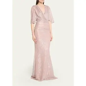 Talbot Runhof Floral Metallic Draped V-neck Gown