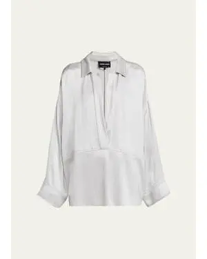 Giorgio Armani Hammered Satin Plunging Collared Shirt