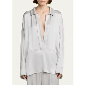 Giorgio Armani Hammered Satin Plunging Collared Shirt