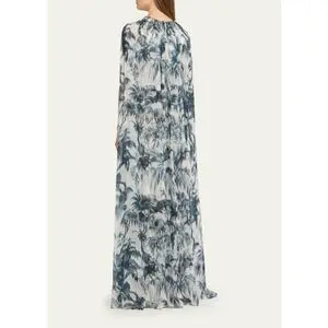 Oscar De La Renta Palm-print Silk Cape-sleeve Gown