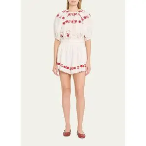 Sea Catharina Embroidered Bubble Crop Top - Cream