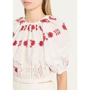 Sea Catharina Embroidered Bubble Crop Top - Cream