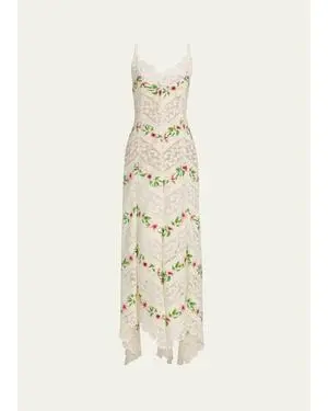 Oscar De La Renta Sleeveless Chine Hibiscus Floral Chevron Maxi Dress - Ivory
