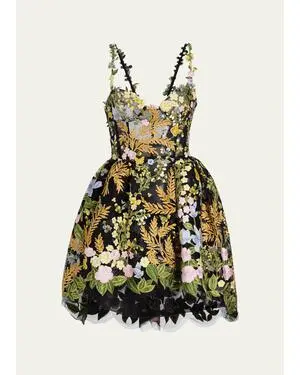 Oscar De La Renta Mixed Botanical Embroidered Tulle High-low Bustier Dress - Multi
