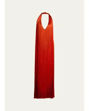 Oscar De La Renta Sleeveless Fringed Plunging Halter Gown