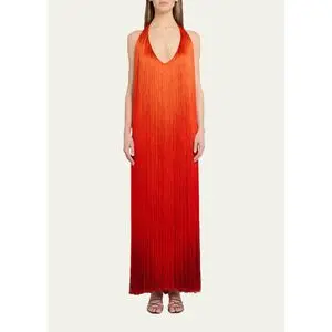 Oscar De La Renta Sleeveless Fringed Plunging Halter Gown