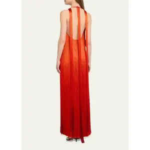 Oscar De La Renta Sleeveless Fringed Plunging Halter Gown