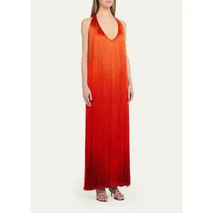 Oscar De La Renta Sleeveless Fringed Plunging Halter Gown