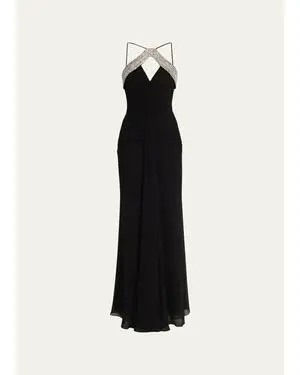 Rebecca Vallance Astros Draped Crystal-trim Halter Gown