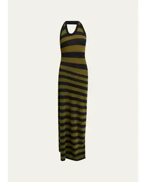 Proenza Schouler Frann Striped Cotton Long Halter Dress - Black Multi