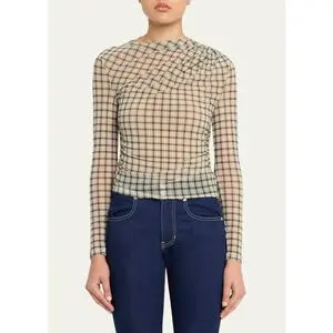 Veronica Beard Nuvina Draped Plaid Mesh Top - Loden Multi