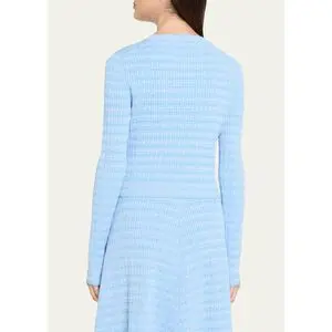 Prabal Gurung Striped Rib Knit Fitted Crewneck Cardigan - Light Blue