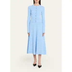 Prabal Gurung Striped Rib Knit Fitted Crewneck Cardigan - Light Blue