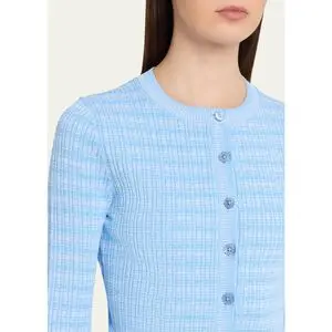 Prabal Gurung Striped Rib Knit Fitted Crewneck Cardigan - Light Blue