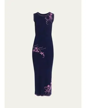 Prabal Gurung Floral Bead Embroidered Rib Knit Midi Dress - Navy