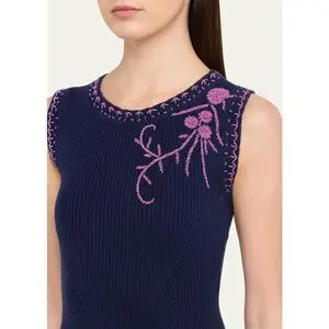 Prabal Gurung Floral Bead Embroidered Rib Knit Midi Dress
