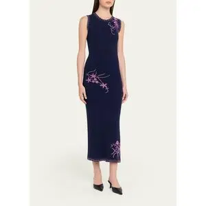 Prabal Gurung Floral Bead Embroidered Rib Knit Midi Dress