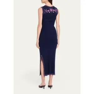 Prabal Gurung Floral Bead Embroidered Rib Knit Midi Dress