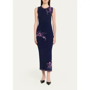 Prabal Gurung Floral Bead Embroidered Rib Knit Midi Dress