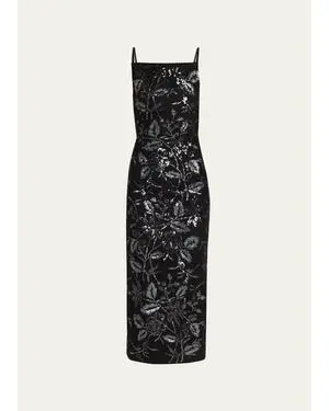 Prabal Gurung Square-neck Floral Sequined Midi Dress - Black/multi