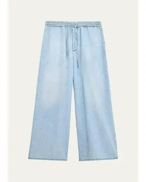 Loewe X Paula's Ibiza Denim Cropped Wide-leg Drawstring Pants - Blue