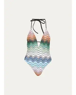 Missoni Zigzag-knit V-neck One-piece Swimsuit