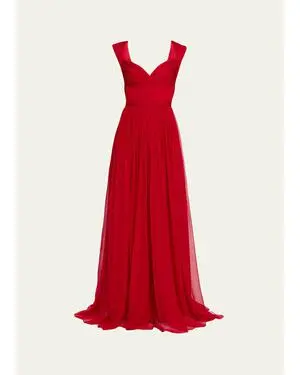 Pamella Roland Sleeveless Ruched Chiffon Cape Gown - Red