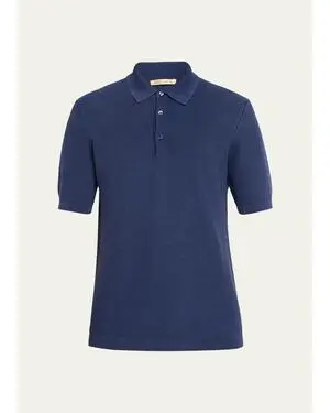 MAURIZIO BALDASSARI Gart-dyed Cotton Knit Short-sleeve Polo Sweater - Navy