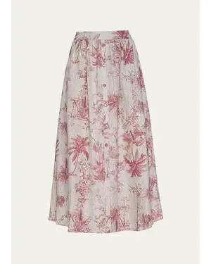 L'Agence Seina Pleated Etoile-print Linen Midi Skirt - Tan Multi