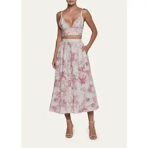 L'Agence Seina Pleated Etoile-print Linen Midi Skirt