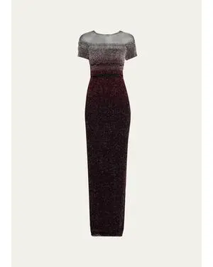 Pamella Roland Short-sleeve Signature Sequined Column Gown - Silver/garnet