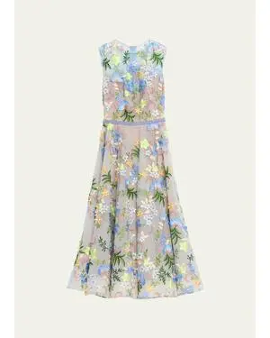 BRONX BANCO Saba Beaded Floral Applique Midi Dress - Blue Multi
