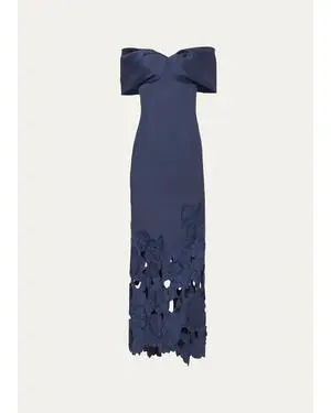 Costarellos Norelle Satin Off-the-shoulder Floral-cut Column Gown