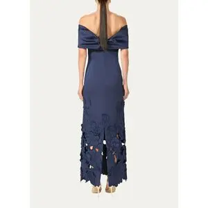 Costarellos Norelle Satin Off-the-shoulder Floral-cut Column Gown