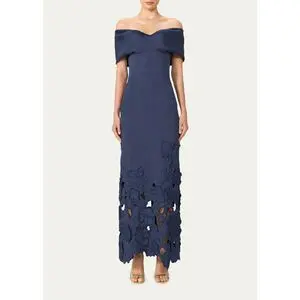 Costarellos Norelle Satin Off-the-shoulder Floral-cut Column Gown