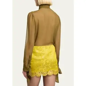 Saint Laurent Lavalliere Silk Long-sleeve Blouse