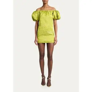 Saint Laurent Duchesse Satin Brocade Puff-sleeve Mini Dress - Thyme
