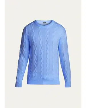 Kiton 3-ply Cashmere Cable Knit Crewneck Sweater - Blue