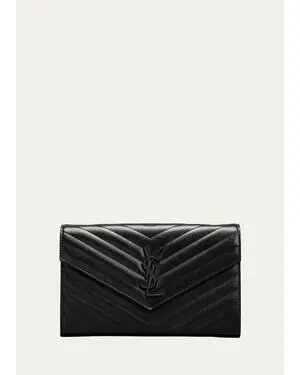 Saint Laurent Cassandre Monogram Large Wallet On Chain In Grained Leather - Black