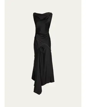 Victoria Beckham Asymmetric Draped Sleeveless Satin Midi Dress - Black