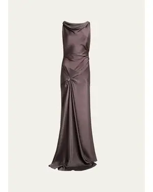 Victoria Beckham Asymmetric Draped Sleeveless Satin Midi Dress - Ore